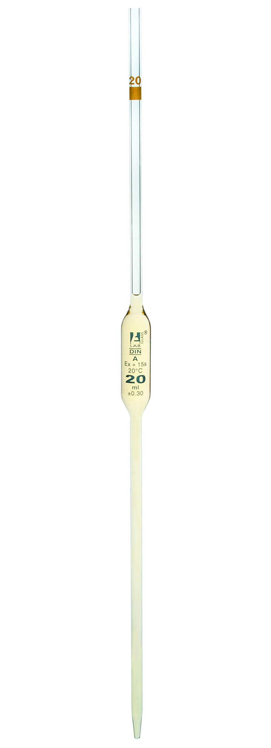 EISCO Volumetric Pipette, 20mL - Class A - Blue Markings - Yellow Coded - Borosilicate Glass