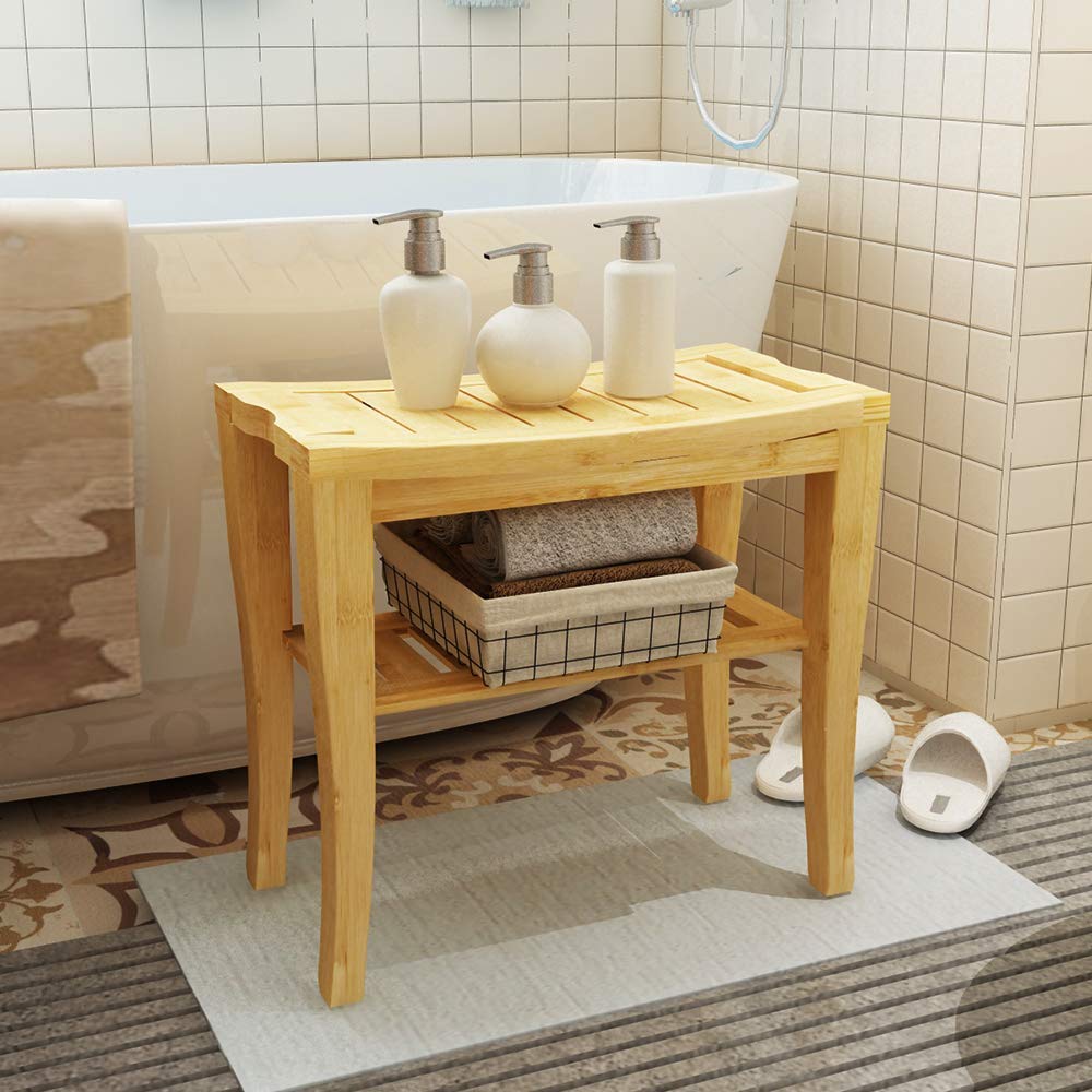 sogesfurniture Shower Bench-Water Resistant Bamboo Shower Bench Seat with Storage Shelf for Bathroom, Bath Seat Bench Stool Perfect for Indoor or Outdoor, Natural