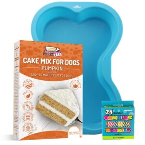 puppy cake mix dog birthday cake kit, with bone silicone pan and candles (pumpkin, blue) made in usa