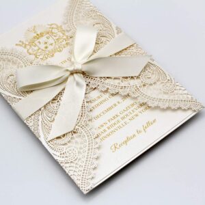 picky bride 25-pack ivory laser cut lace wedding invitations wraps with shimmer insert and ribbon bow, elegant invite cards for wedding/bridal shower/birthday party, 125 x 185mm (25 invitations)