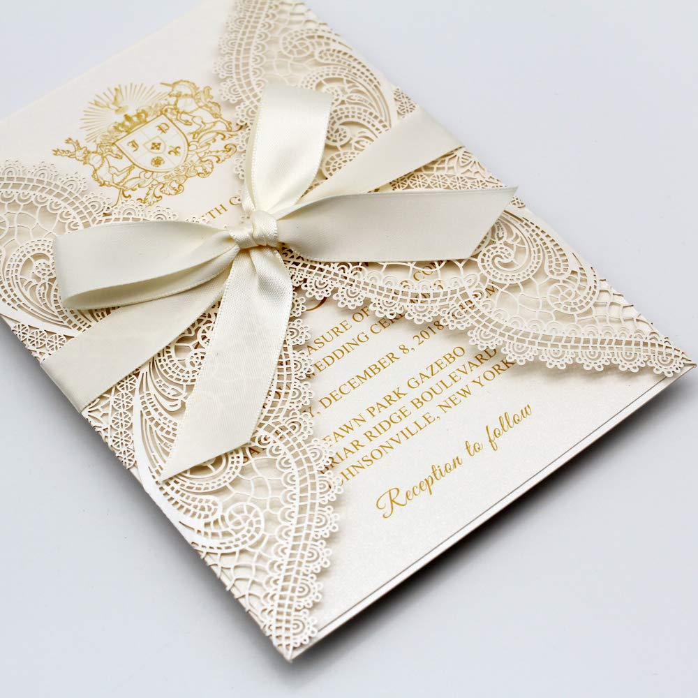 Picky Bride 25-Pack Ivory Laser Cut Lace Wedding Invitations Wraps with Shimmer Insert and Ribbon Bow, Elegant Invite Cards for Wedding/Bridal Shower/Birthday Party, 125 x 185mm (25 Invitations)