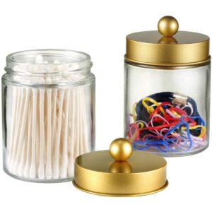 Amolliar Apothecary Jars Bathroom Storage Organizer -Countertop Storage Organizer Canister Jar - Cute Qtip Dispenser Holder Glass with Lid- for Cotton Swabs,Bath Salts,Hair Band / 2-Pack(Gold)