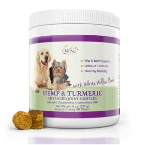 hemp & turmeric hip and joint chews for dogs - dog hemp chews for pain relief & arthritis - anti-inflammatory hemp dog treats w/msm, hemp oil, glucosamine and chondroitin for dogs 60 chews, 8 oz