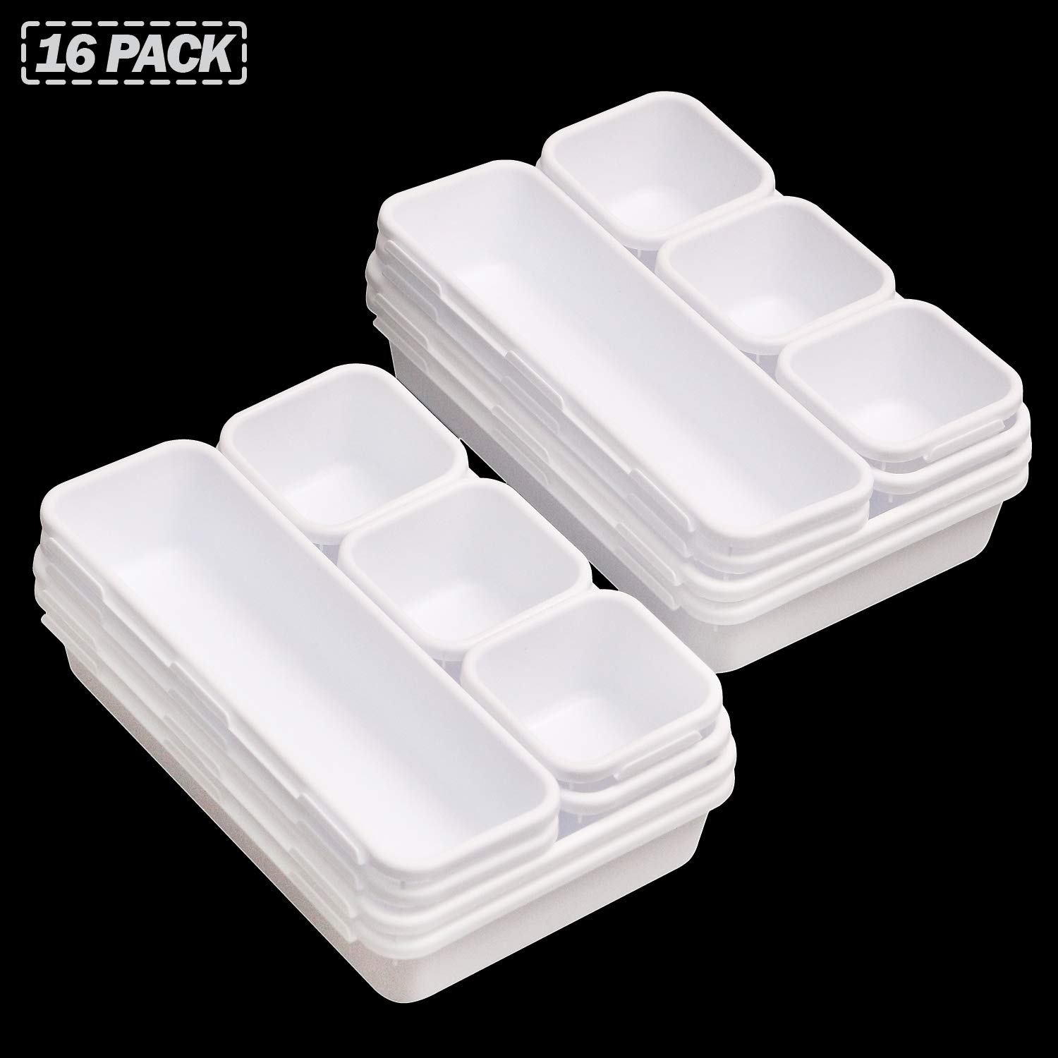 Set of 16 Interlocking Desk Drawer Organizer Tray Dividers Plastic Shallow Narrow Drawers Organizers Separators Storage Bins Container for Kitchen Bathroom Makeup Office Vanity Bedroom Dresser White