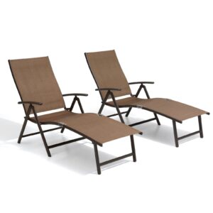 Crestlive Products Chaise Lounge Chair Outdoor Set of 2, Aluminum Folding Patio Recliner Chair, Adjustable 8 Positions Assemble-Free Perfect for Beach, Yard, Pool, Deck (Brown)