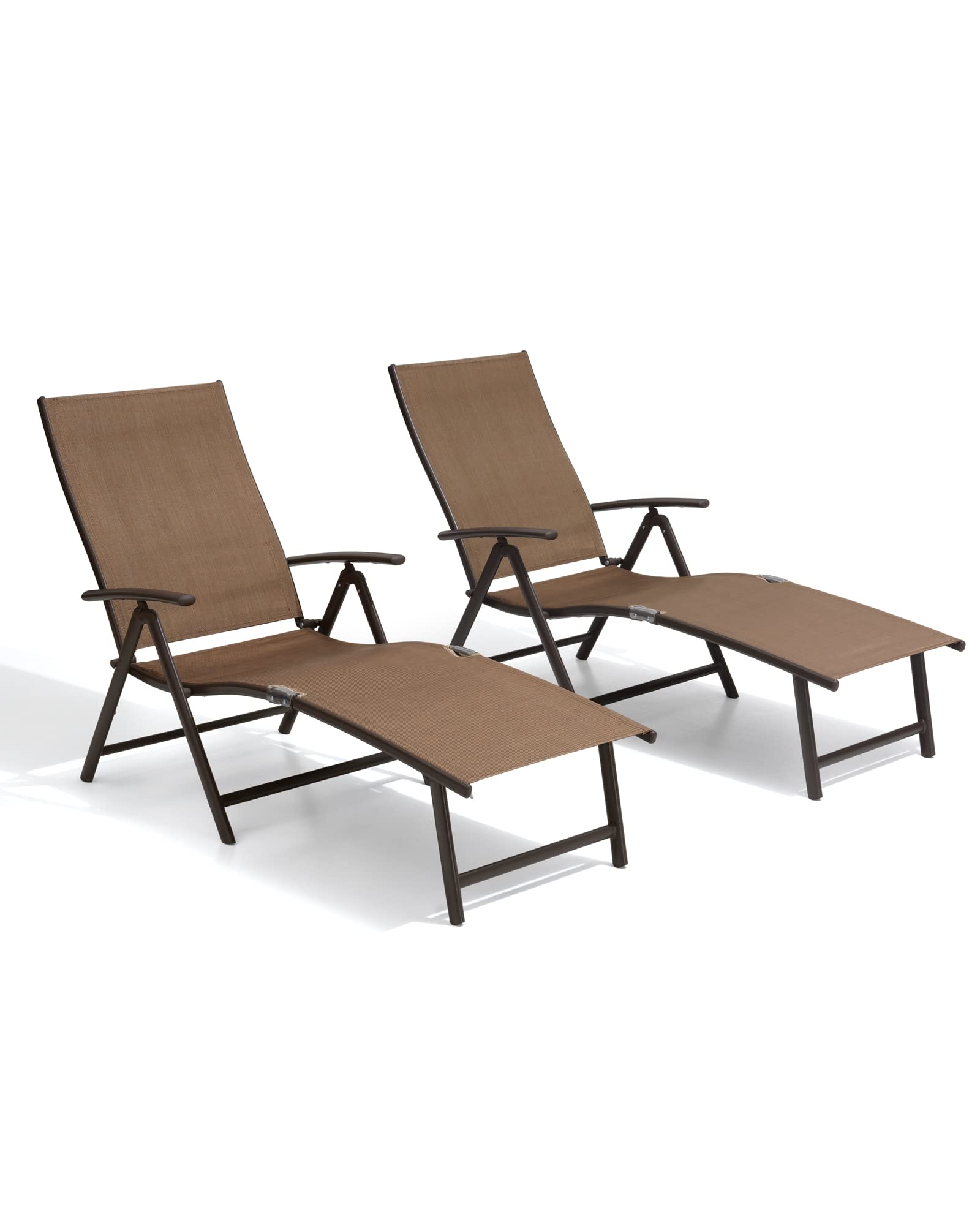 Crestlive Products Chaise Lounge Chair Outdoor Set of 2, Aluminum Folding Patio Recliner Chair, Adjustable 8 Positions Assemble-Free Perfect for Beach, Yard, Pool, Deck (Brown)