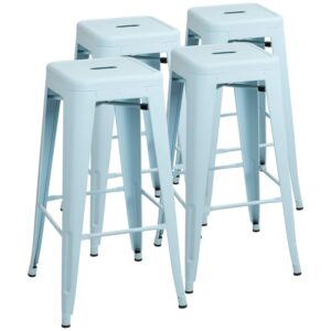 furniwell 30 inches metal bar stools high backless tolix indoor-outdoor stackable barstool with square counter seat set of 4 (blue)