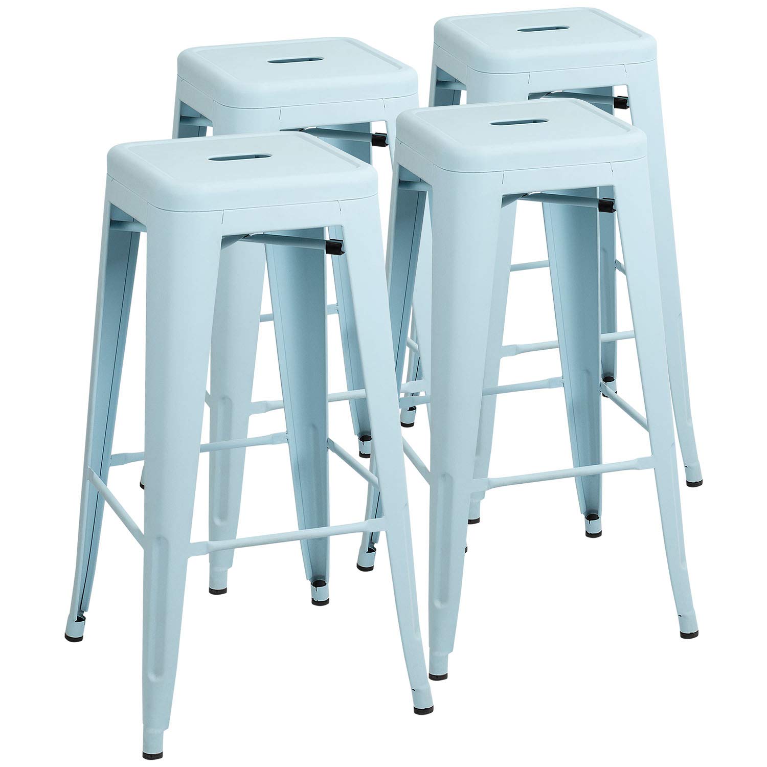 Furniwell 30 Inches Metal Bar Stools High Backless Tolix Indoor-Outdoor Stackable Barstool with Square Counter Seat Set of 4 (Blue)