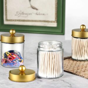 Amolliar Apothecary Jars Bathroom Storage Organizer -Countertop Storage Organizer Canister Jar - Cute Qtip Dispenser Holder Glass with Lid- for Cotton Swabs,Bath Salts,Hair Band / 2-Pack(Gold)