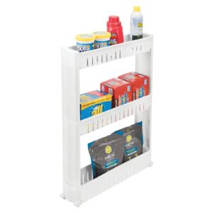 mdesign slim plastic rolling laundry utility cart, portable storage organizer trolley - easy-glide wheels and 3 heavy-duty shelves, for laundry, utility room, kitchen or pantry storage - white