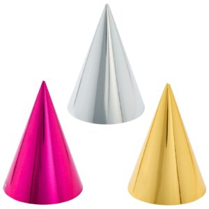 BLUE PANDA 50 Pack Birthday Party Cone Hats for Kids and Adults, Bulk Set in 5 Colors (Metallic Blue/Green/Gold/Silver/Hot Pink)