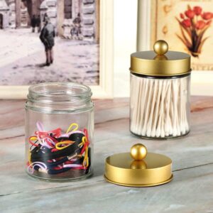 Amolliar Apothecary Jars Bathroom Storage Organizer -Countertop Storage Organizer Canister Jar - Cute Qtip Dispenser Holder Glass with Lid- for Cotton Swabs,Bath Salts,Hair Band / 2-Pack(Gold)