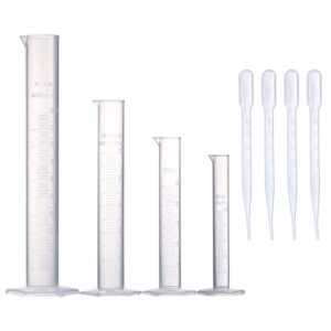 young4us measuring cylinder set, 4 sizes graduated polypropylene lab test tubes in 100 ml, 50 ml, 25 ml, 10 ml for laboratory, & science experiments with 4 plastic droppers in 3 ml