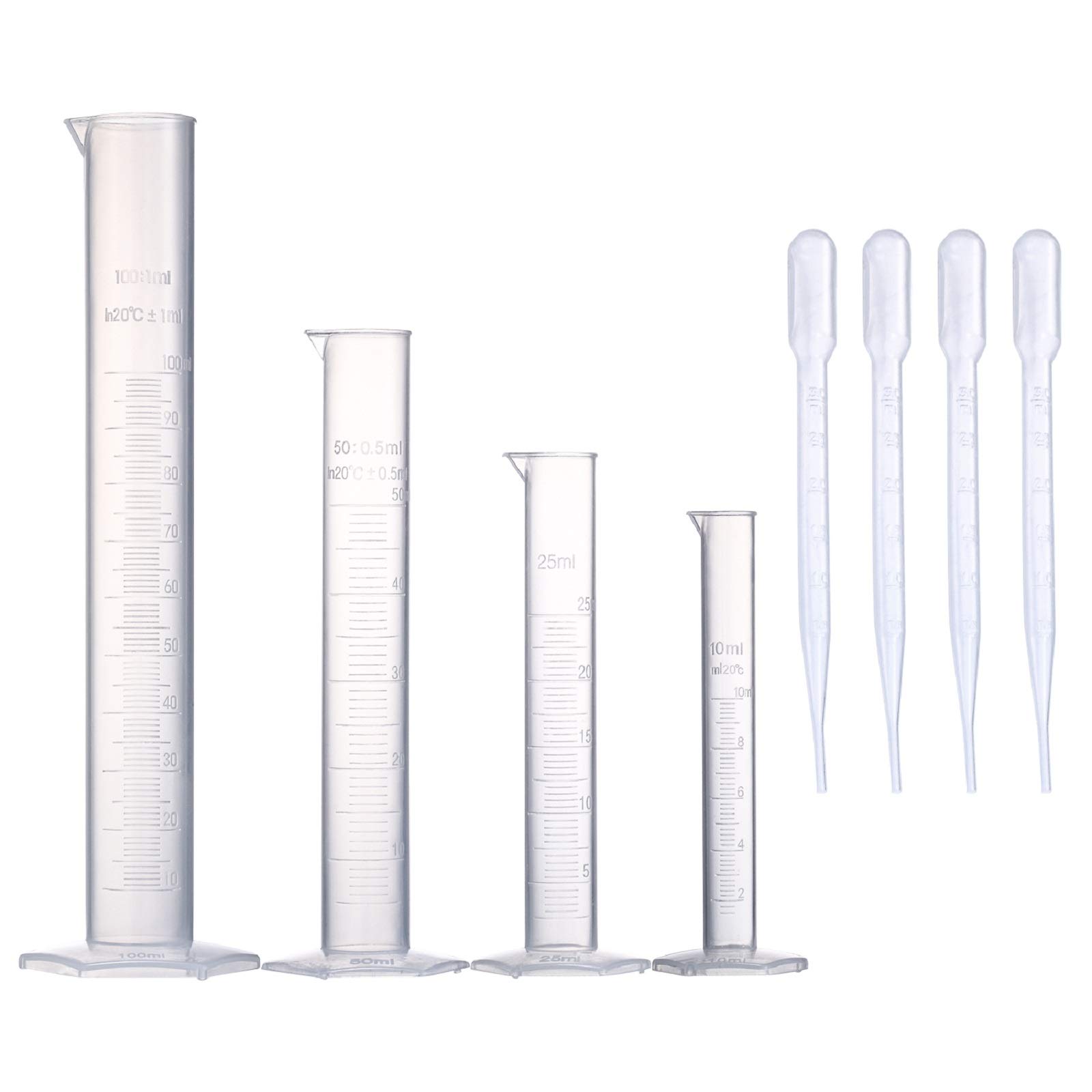 Young4us Measuring Cylinder Set, 4 Sizes Graduated Polypropylene Lab Test Tubes in 100 ml, 50 ml, 25 ml, 10 ml for Laboratory, & Science Experiments with 4 Plastic Droppers in 3 ml