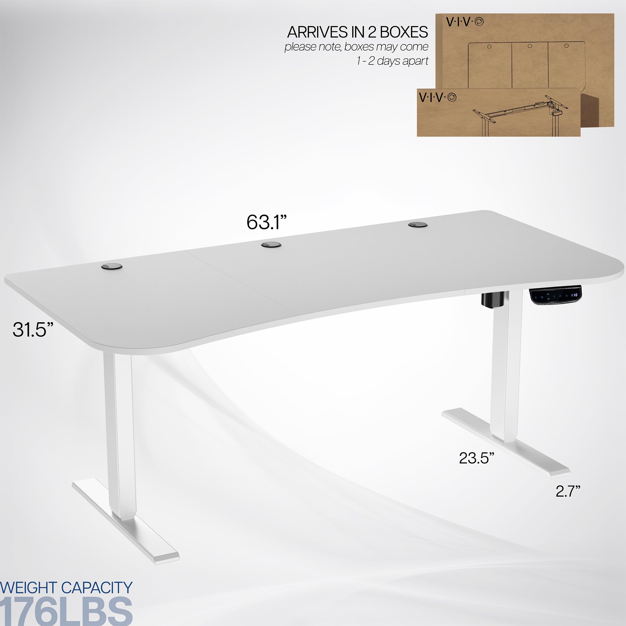 VIVO Electric 63 x 32 inch Standing Desk Workstation, Memory Controller Height Adjustment, 176 lb Frame Support, 2E Series, White Top White Frame, DESK-KIT-2E1W