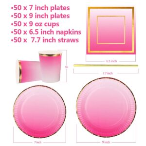 Ottin Ombre Rainbow Hot Pink Party Supplies 50-counts Disposable Paper Plates and Napkins Set for Birthday Wedding Bridal Baby Shower Engagement Mother's Day