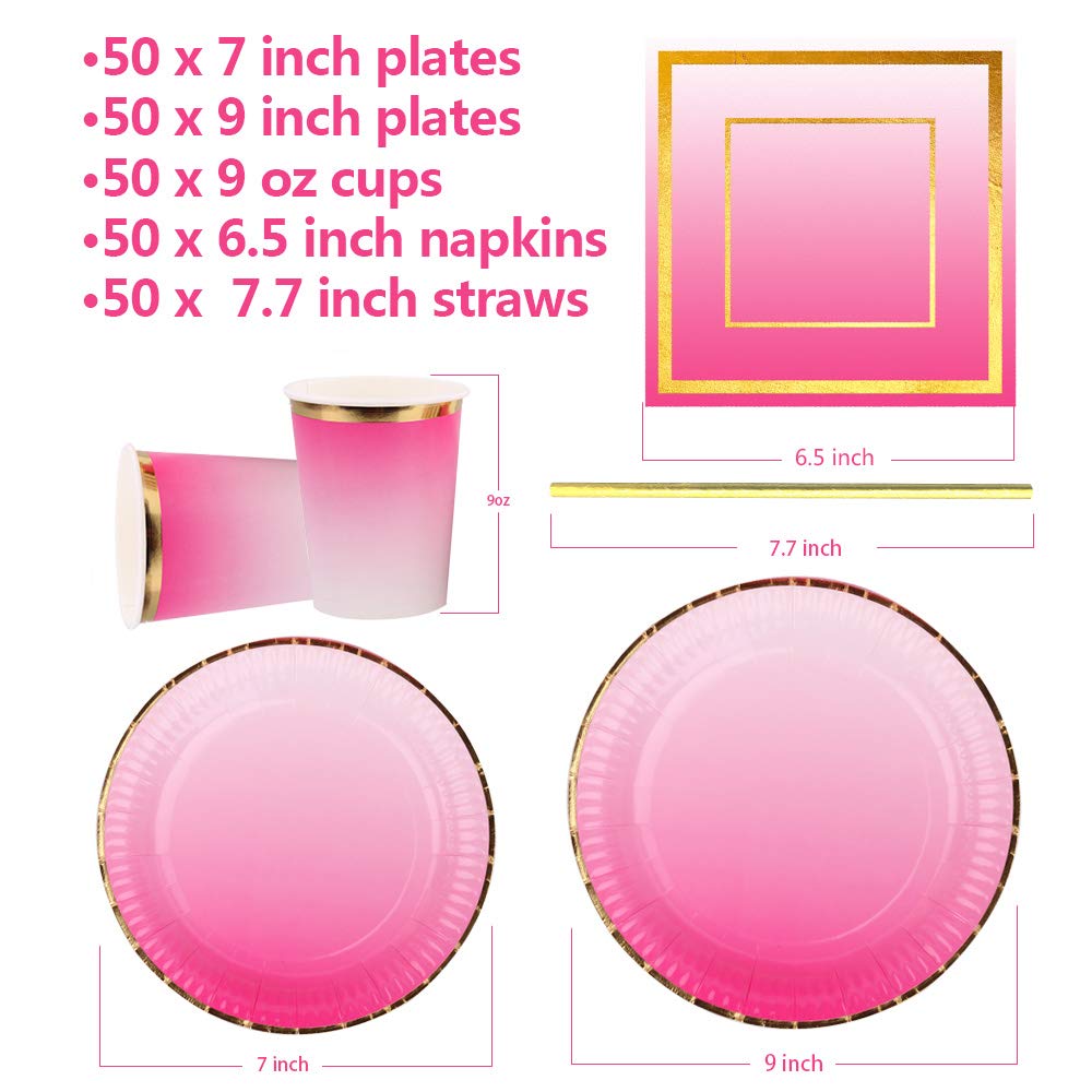 Ottin Ombre Rainbow Hot Pink Party Supplies 50-counts Disposable Paper Plates and Napkins Set for Birthday Wedding Bridal Baby Shower Engagement Mother's Day