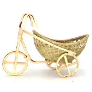 creative mini tricycle bamboo basket car, rattan trolley hot pot with dish basket storage basket decoration display props