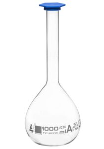 eisco volumetric flask, 1000ml - class a, astm - snap cap - white graduation mark, tolerance ±0.300ml