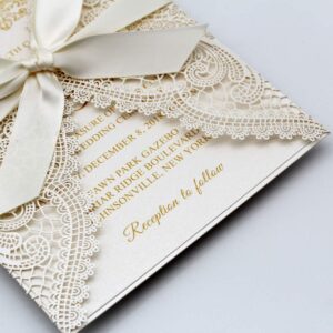 Picky Bride 25-Pack Ivory Laser Cut Lace Wedding Invitations Wraps with Shimmer Insert and Ribbon Bow, Elegant Invite Cards for Wedding/Bridal Shower/Birthday Party, 125 x 185mm (25 Invitations)