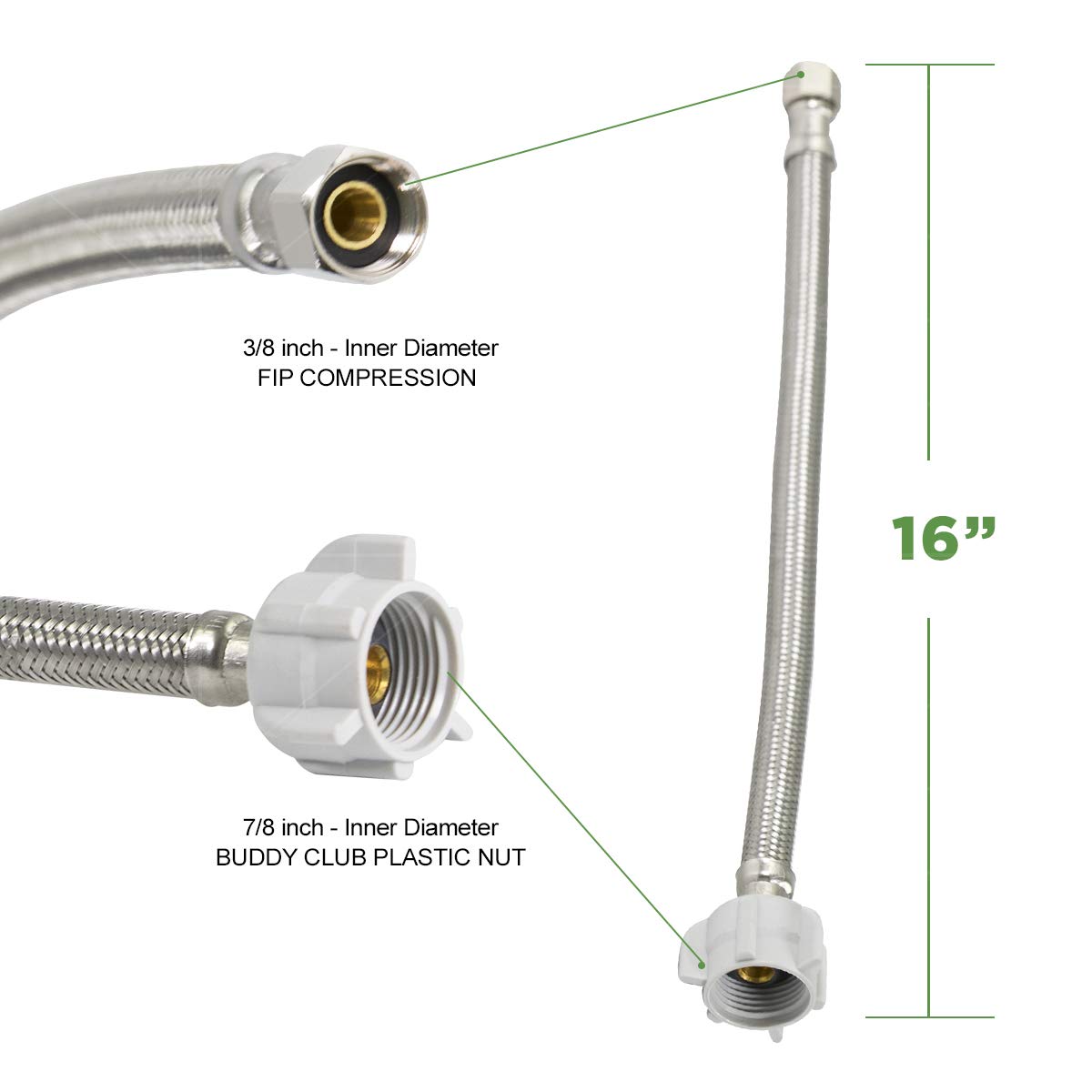 Highcraft CNCT27416-OM1 Hose Connects to Water, Braided Stainless Steel Supply Line, 3/8 Compression x 7/8 Female Balcock Nut Toilet Connector 16 Inch