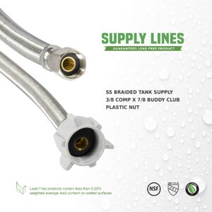 Highcraft CNCT27416-OM1 Hose Connects to Water, Braided Stainless Steel Supply Line, 3/8 Compression x 7/8 Female Balcock Nut Toilet Connector 16 Inch