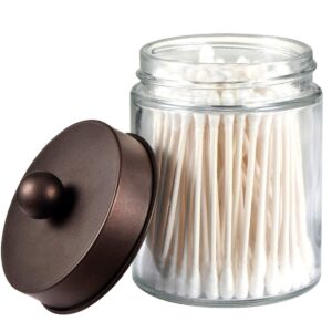 amolliar apothecary jars bathroom storage organizer - cute qtip dispenser holder vanity canister jar glass with lid for cotton swabs,rounds,bath salts,makeup sponges,hair accessories/bronze (1 pack)