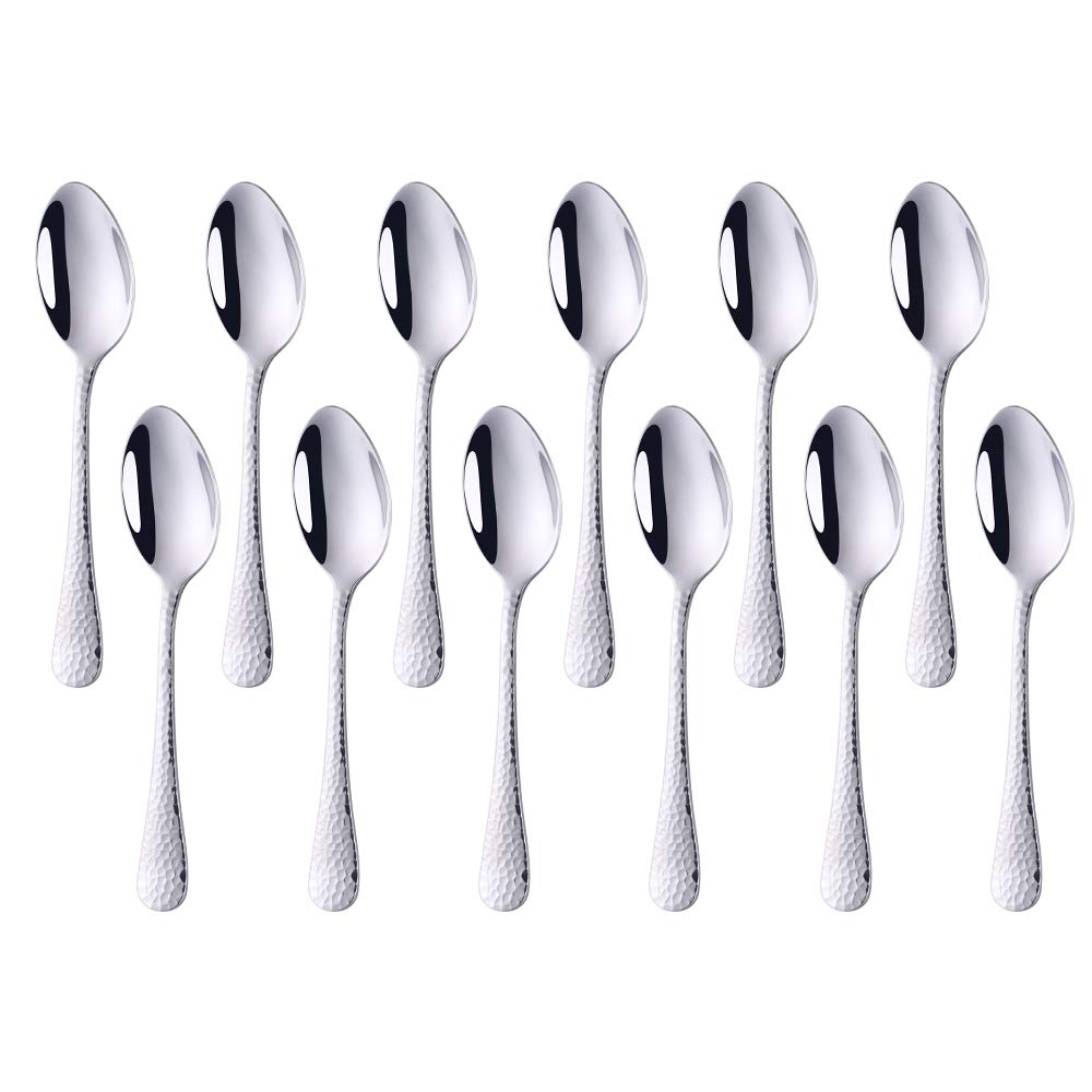 Dessert Spoon Salad Spoon 6.5-Inch Big Teaspoon BUY&USE 12 Pieces Stainless Steel Hammered Surface Silverware Set for Home Hotel Restaurant