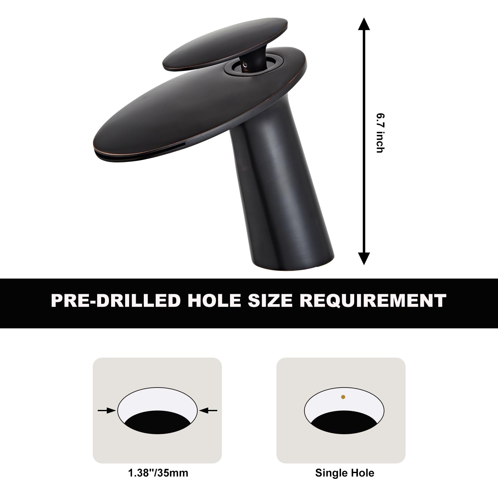 Wovier Oil Rubbed Bronze Waterfall Bathroom Sink Faucet,Single Handle Single Hole Brass Lavatory Vanity Faucet,Slanted Body Basin Mixer Tap with Supply Hose and Pop Up Drain Assembly