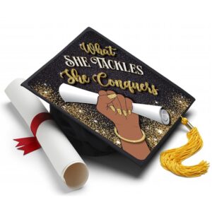 what she tackles - black queen - black girl custom grad cap tassel topper - decorated grad caps - motivational inspirational grad caps