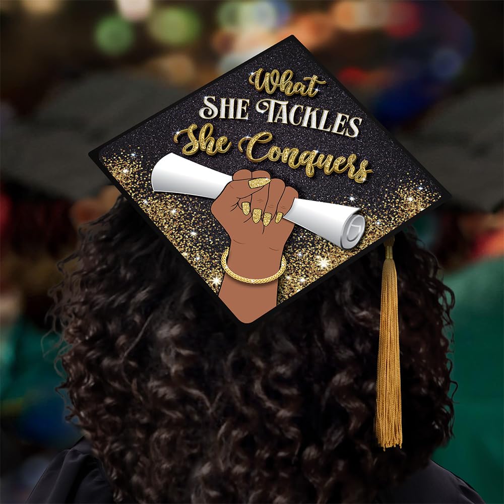 What She Tackles - Black Queen - Black Girl Custom Grad Cap Tassel Topper - Decorated Grad Caps - Motivational Inspirational Grad Caps