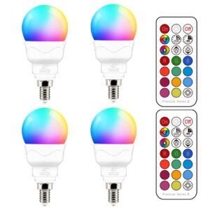 ilc e12 led light bulbs (40w equivalent) 5w, color changing rgb, a15 small base candelabra round light bulb, candle base, 2700k warm white 12 colors 2 modes timing with remote control (4 pack)