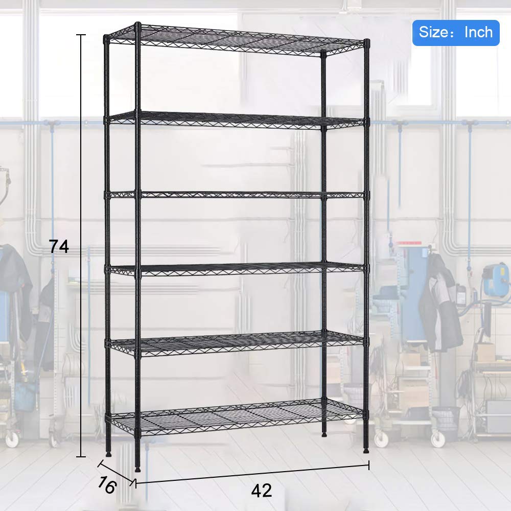 Tyyps Wire Shelving Unit Shelving Rack Shelf 6 Shelf 42" W X16 D X72 H Heavy Duty Height Adjustable for Restaurant Garage Pantry Kitchen Wire Rack NSF - Black