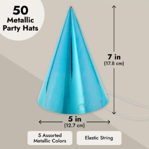 BLUE PANDA 50 Pack Birthday Party Cone Hats for Kids and Adults, Bulk Set in 5 Colors (Metallic Blue/Green/Gold/Silver/Hot Pink)