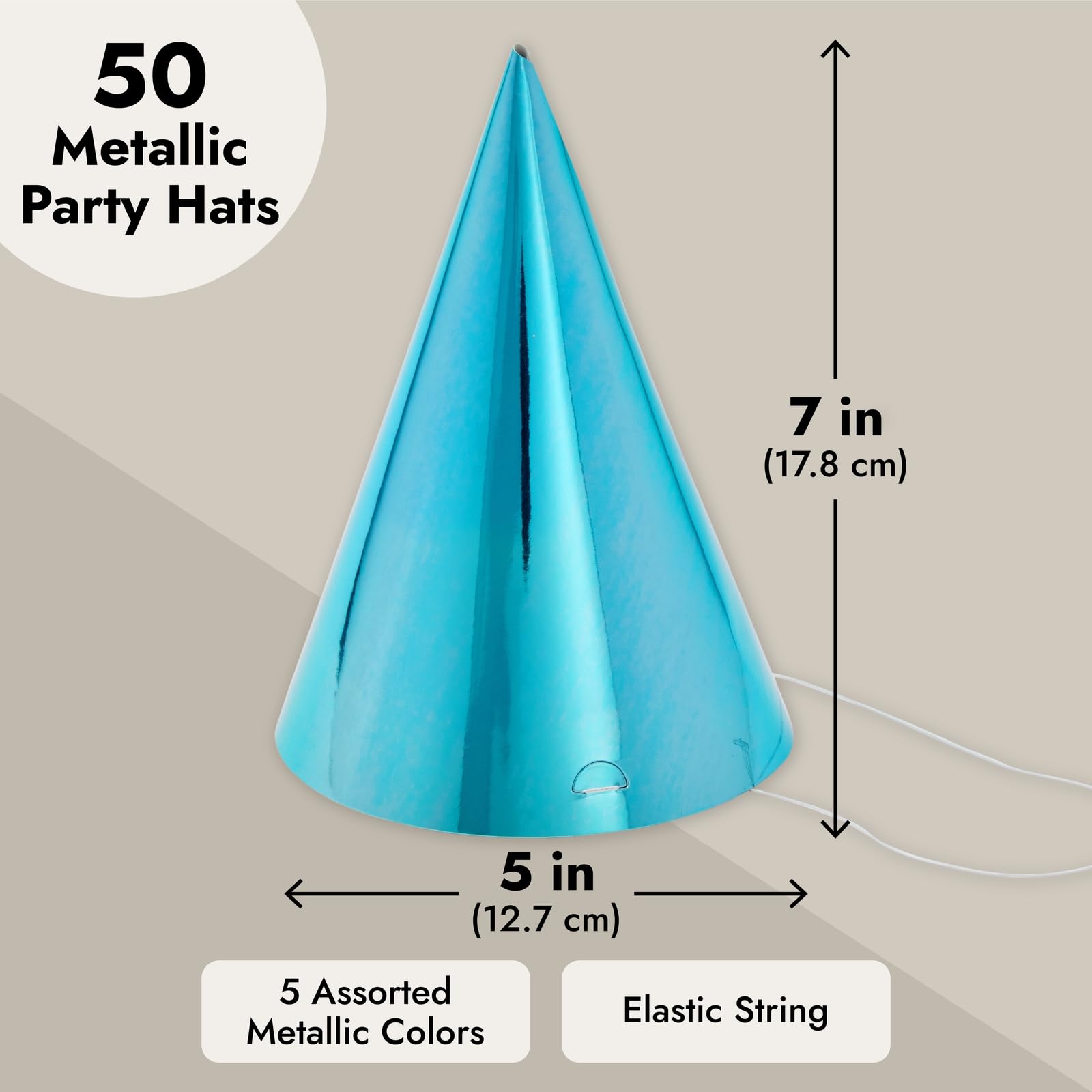 BLUE PANDA 50 Pack Birthday Party Cone Hats for Kids and Adults, Bulk Set in 5 Colors (Metallic Blue/Green/Gold/Silver/Hot Pink)