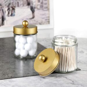 Amolliar Apothecary Jars Bathroom Storage Organizer -Countertop Storage Organizer Canister Jar - Cute Qtip Dispenser Holder Glass with Lid- for Cotton Swabs,Bath Salts,Hair Band / 2-Pack(Gold)