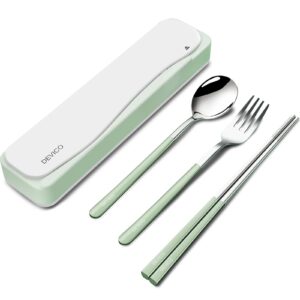 devico travel utensils, 18/8 stainless steel 4pcs cutlery set portable camp reusable flatware silverware, include fork spoon chopsticks with case (green)