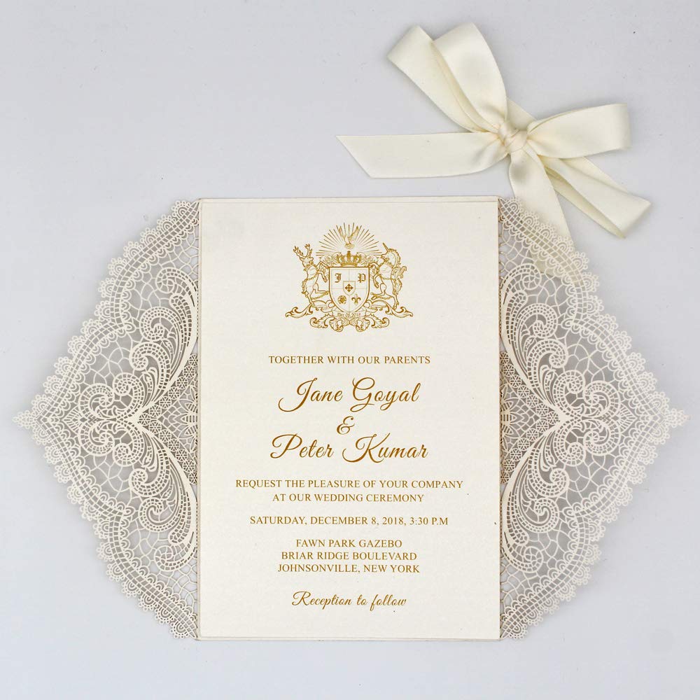 Picky Bride 25-Pack Ivory Laser Cut Lace Wedding Invitations Wraps with Shimmer Insert and Ribbon Bow, Elegant Invite Cards for Wedding/Bridal Shower/Birthday Party, 125 x 185mm (25 Invitations)