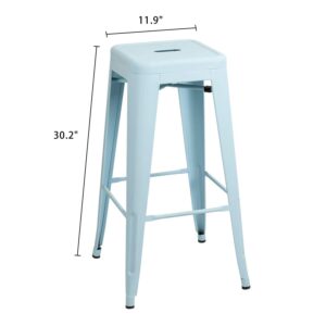 Furniwell 30 Inches Metal Bar Stools High Backless Tolix Indoor-Outdoor Stackable Barstool with Square Counter Seat Set of 4 (Blue)