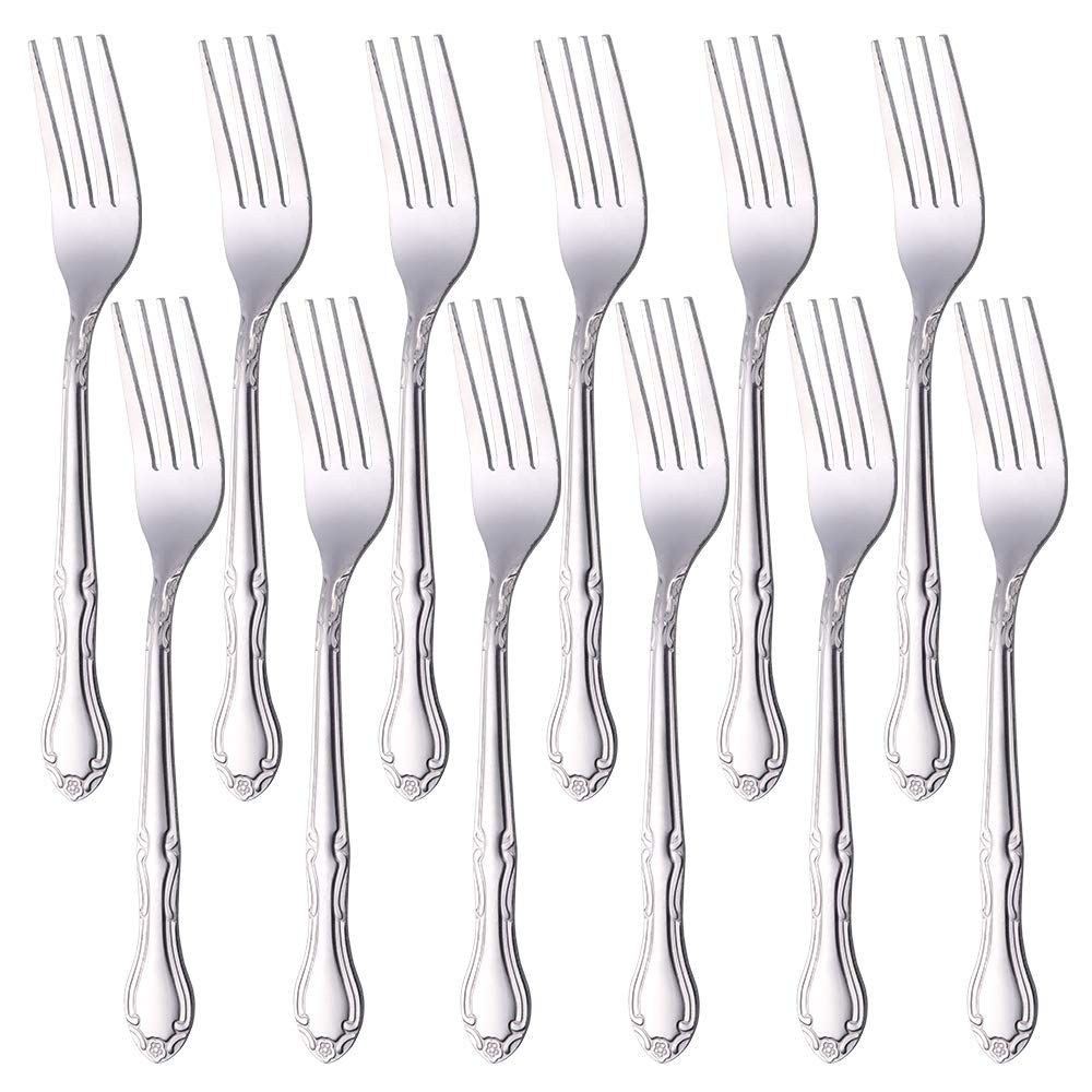 Dinner Fork Salad Dessert Forks Rose Pattern 12 Pieces, BUY&USE Silver Stainless Steel 7.3-Inch Flatware