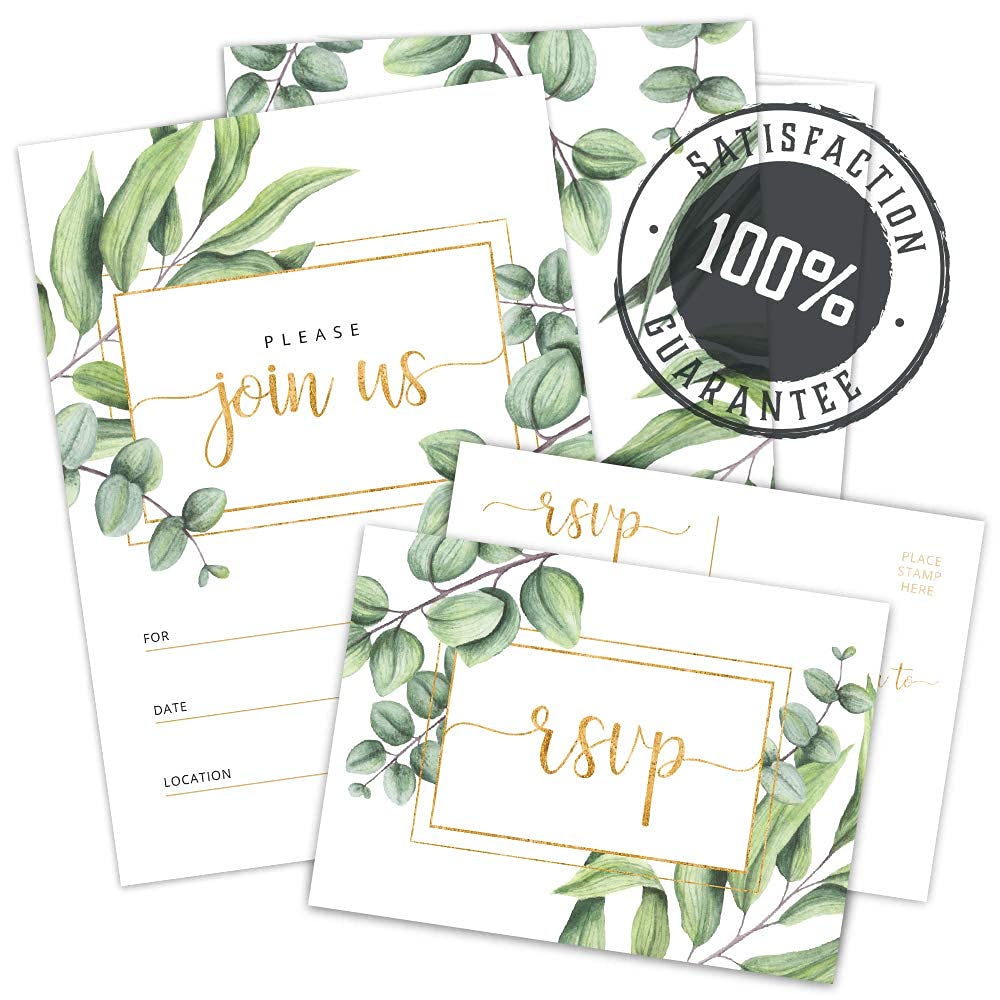 Set of 25 Fill-in Invitations with Envelopes and RSVP Cards - Greenery Gold Invites for All Occasions - Perfect for: Wedding, Bridal Shower, Engagement, Birthday Party, Baby Shower (25 Pack)