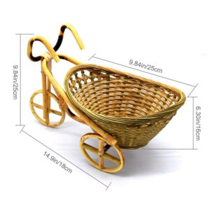 Creative Mini Tricycle Bamboo Basket Car, Rattan Trolley Hot Pot with Dish Basket Storage Basket Decoration Display Props