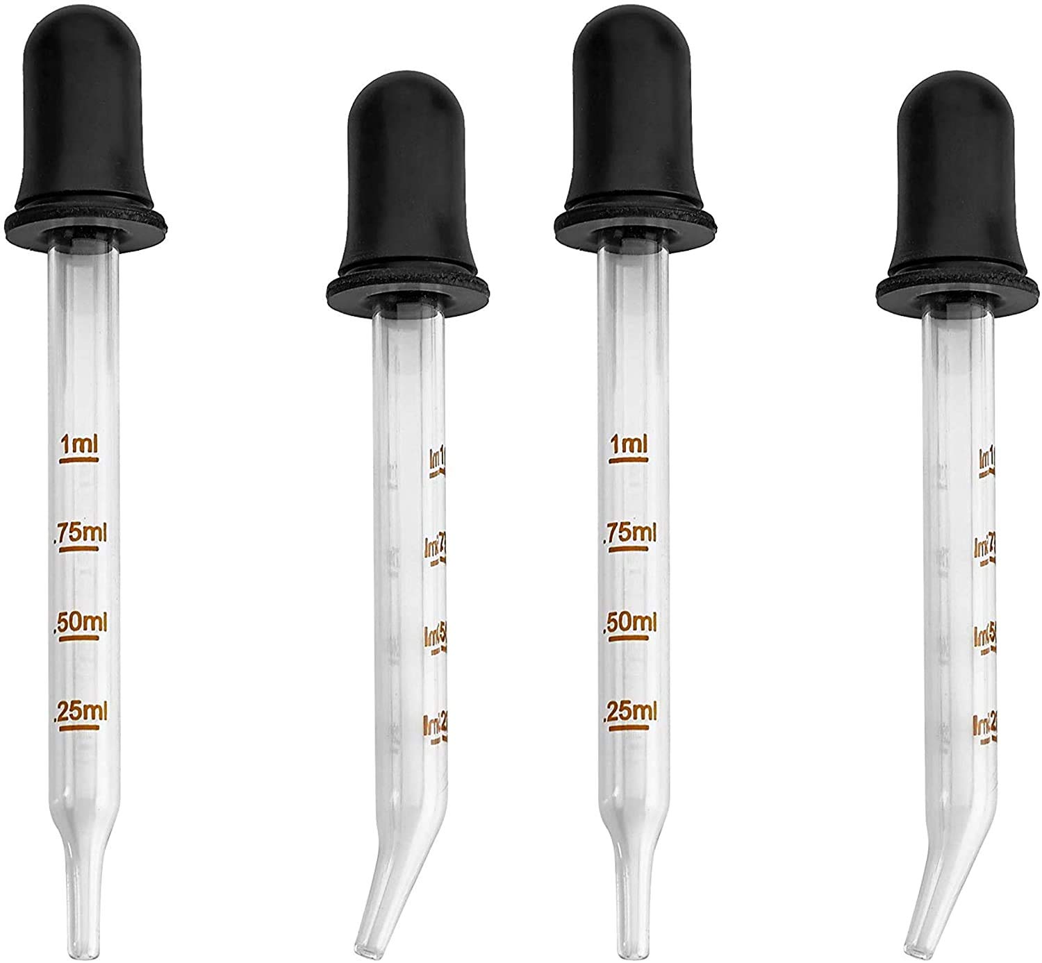 Eye Dropper - (Pack of 4) Bent & Straight Tip Calibrated Glass Medicine Droppers for Essential Oils | Pipette Dropper for Accurate Easy Dose and Measurement (1 mL Capacity)