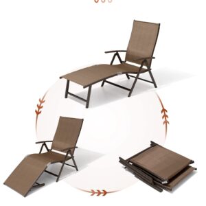 Crestlive Products Chaise Lounge Chair Outdoor Set of 2, Aluminum Folding Patio Recliner Chair, Adjustable 8 Positions Assemble-Free Perfect for Beach, Yard, Pool, Deck (Brown)