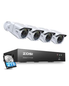 zosi 4k ultra hd security camera system,4pcs 8mp ip66 weatherproof outdoor surveillance bullet cameras,color night vision,human detection,8 ports 16ch 4k video nvr with 2tb hdd for 24/7 recording