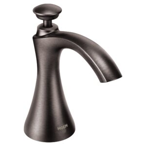 moen s3946bls transitional kitchen deck mounted soap and lotion dispenser with above the sink refillable bottle, black stainless