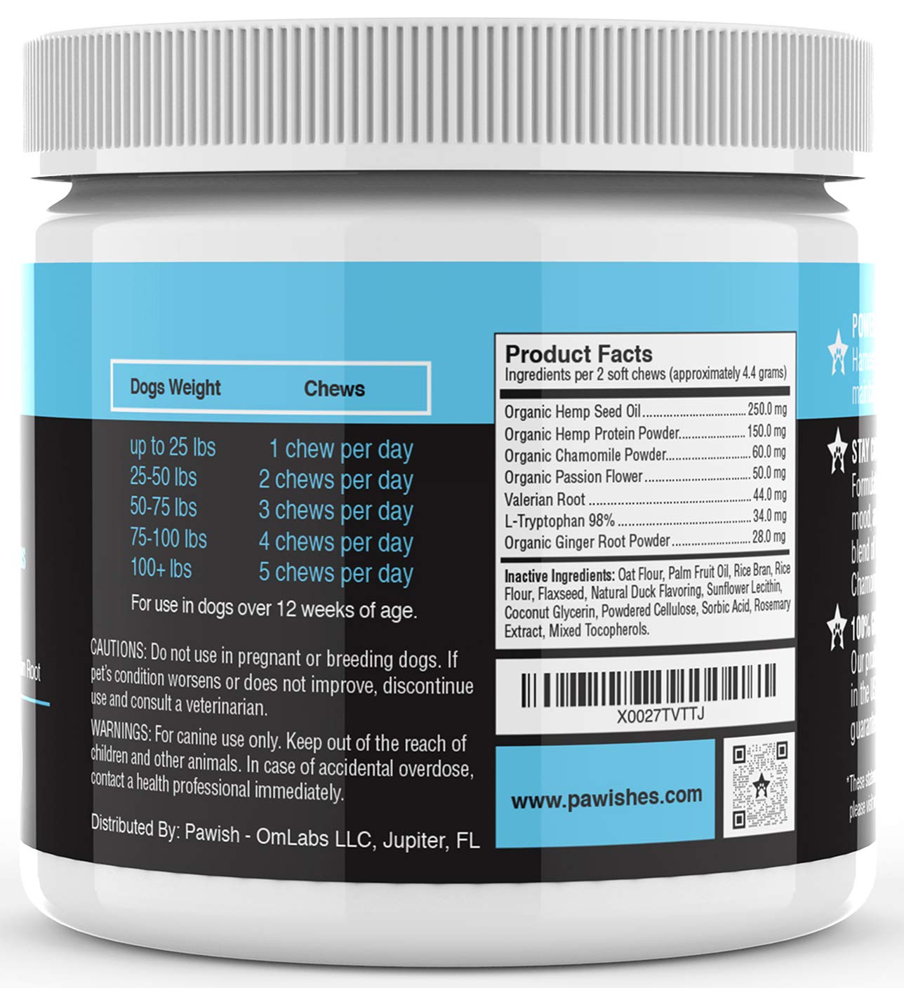 Calming Treats for Dogs with Organic Hemp Oil, Tryptophan, Chamomile, Passion Flower & Valerian - Stress & Anxiety Relief for Separation, Travel, Fireworks, Storms and Barking - 120 Soft Chews