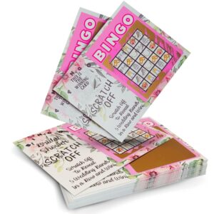 my scratch offs - 26 pink floral scratch off bingo cards perfect for bridal shower games, wedding party, bridal party favors - fun and easy bingo game cards