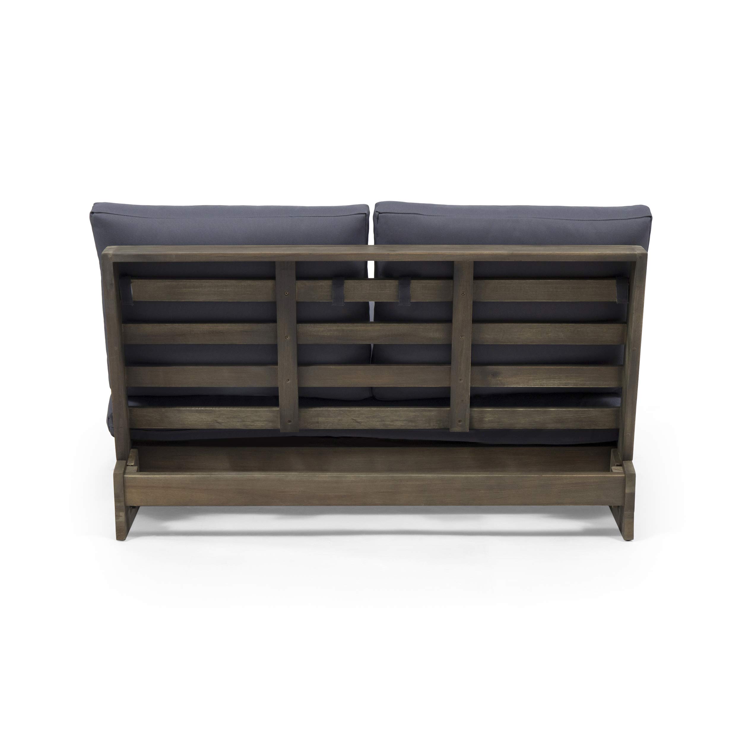 GDFStudio Outdoor Acacia Wood Loveseat with Cushions, Gray and Dark Gray