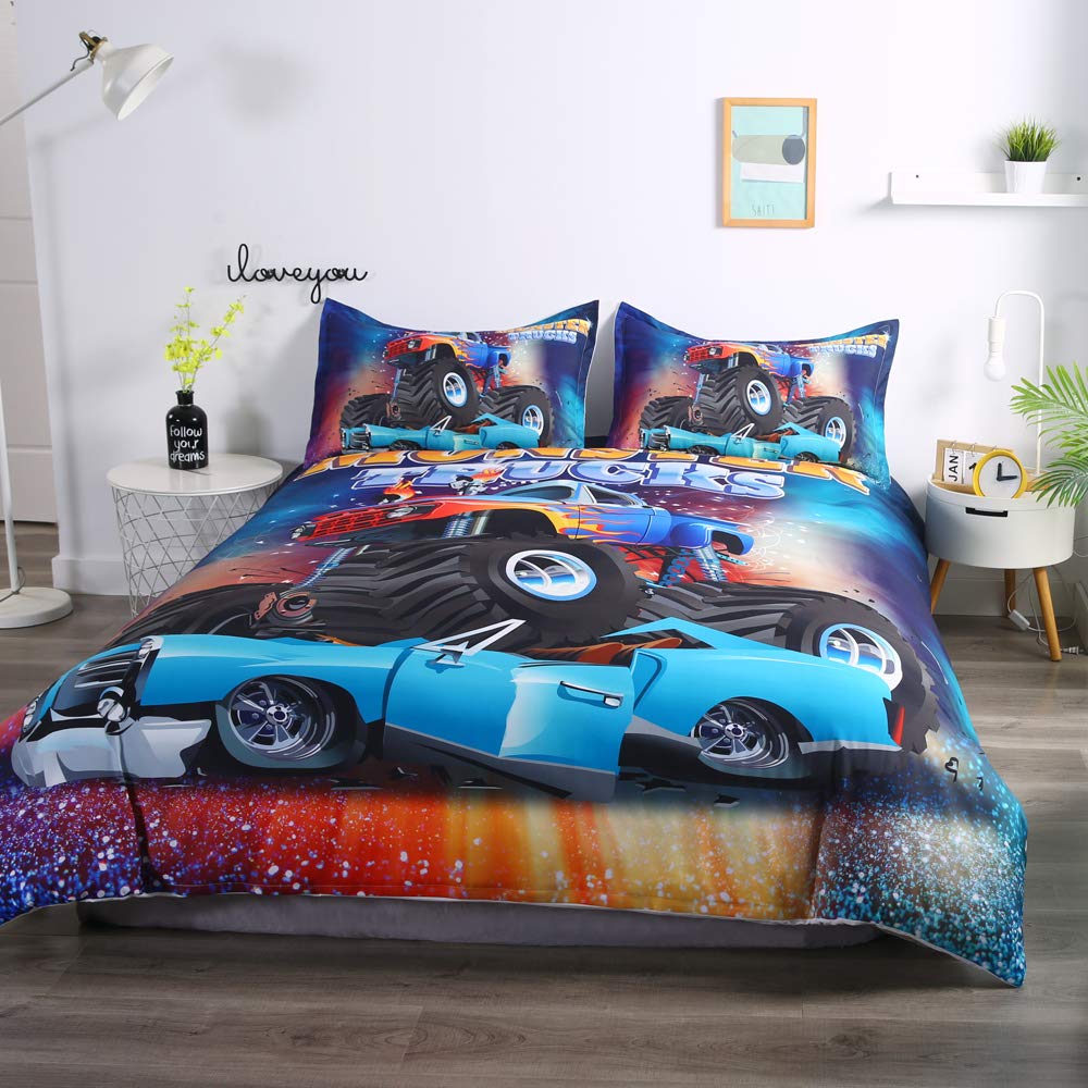 Suncloris,3D Monster Truck Home Bedding,Crushing on Car Freestyle Monster Truck Duvet Cover Sets.Included: Duvet Cover,Pillowcase(no Comforter Inside) (Twin)